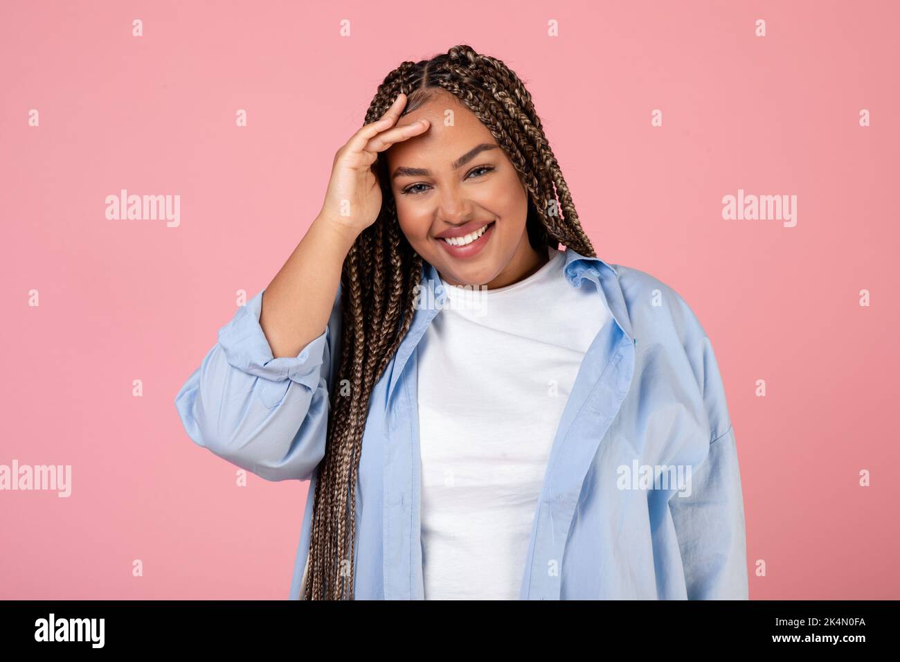 Portrait Of Happy African American Obese Woman On Pink Background Stock ...