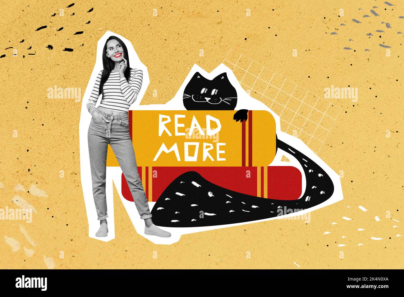 Creative poster collage of beautiful young woman choose book lover black drawing cat cozy calm ...
