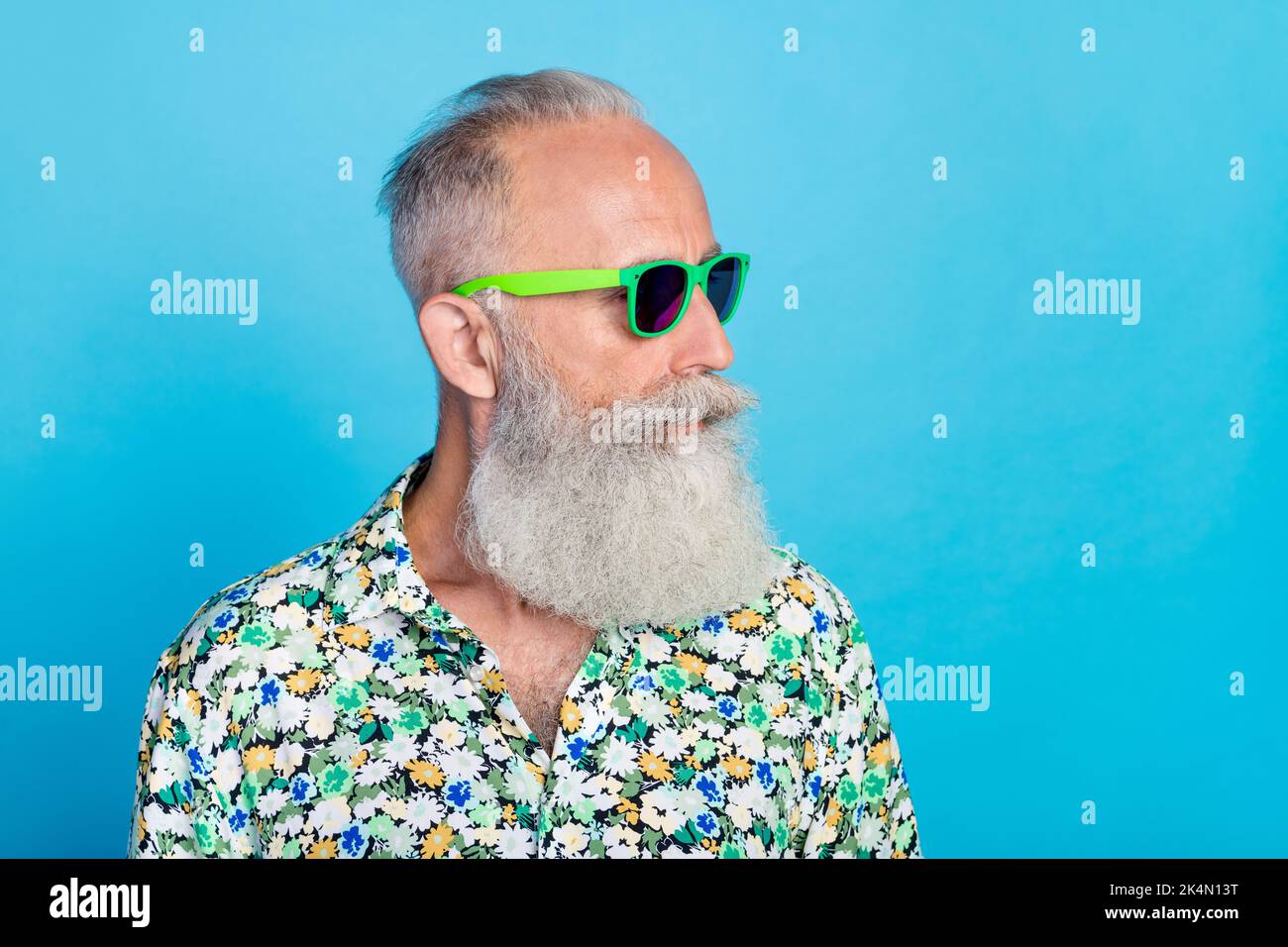 Side profile photo of old aged man wear sunglass serious look empty ...
