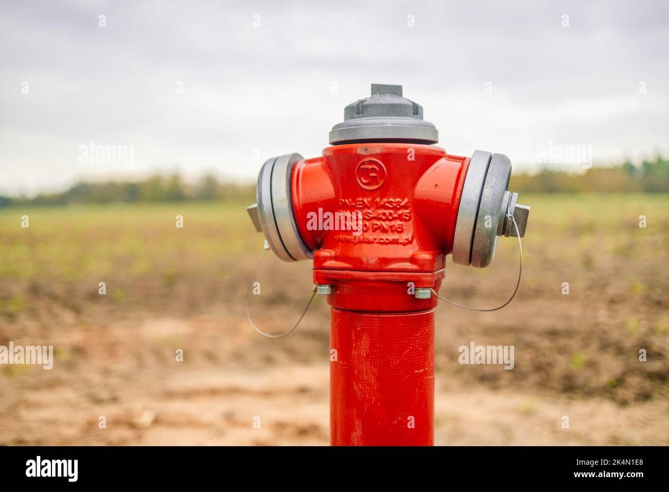 Pipe fittings in the form of a fire hydrant in red close-up with ...
