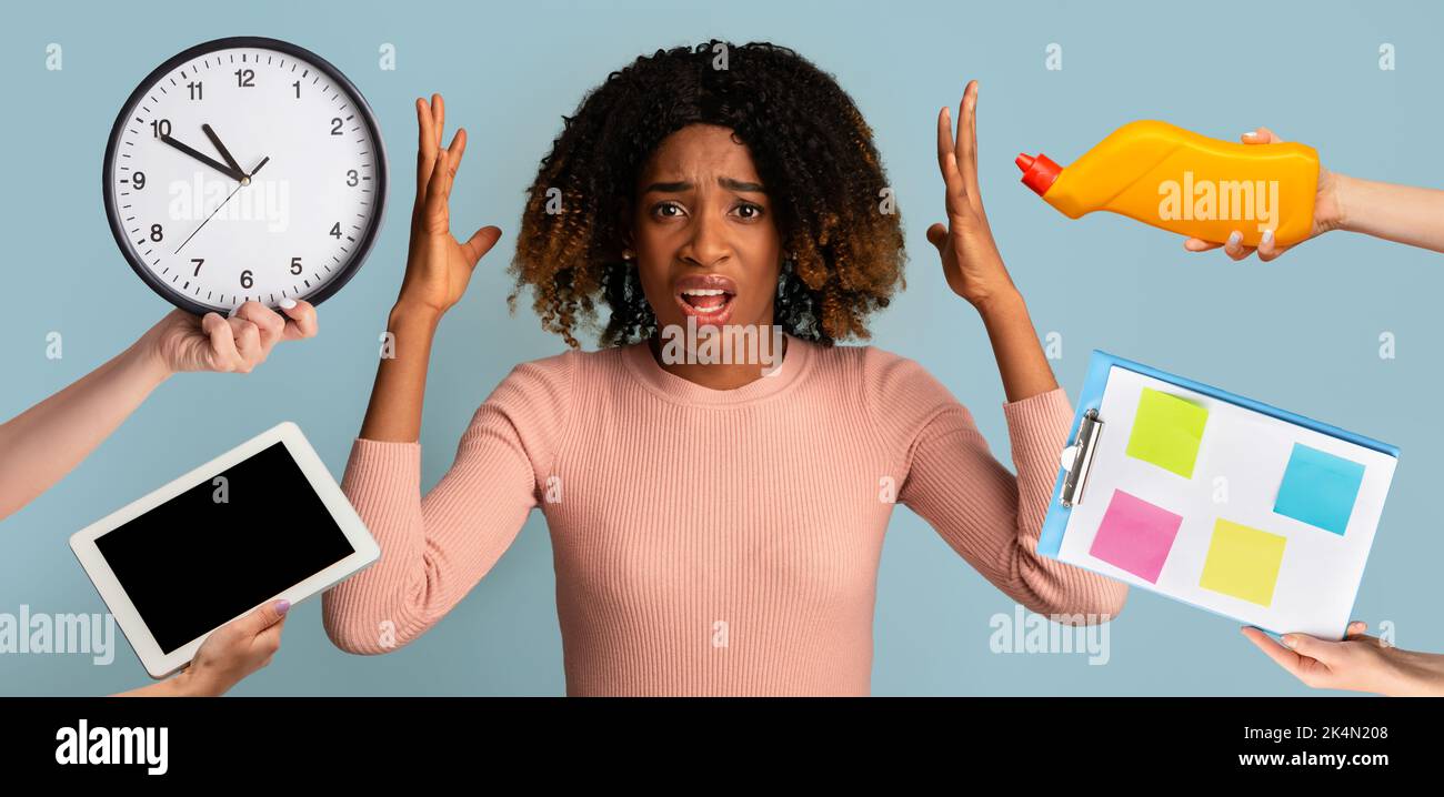 Stressed black woman suffering from daily tasks, collage Stock Photo ...