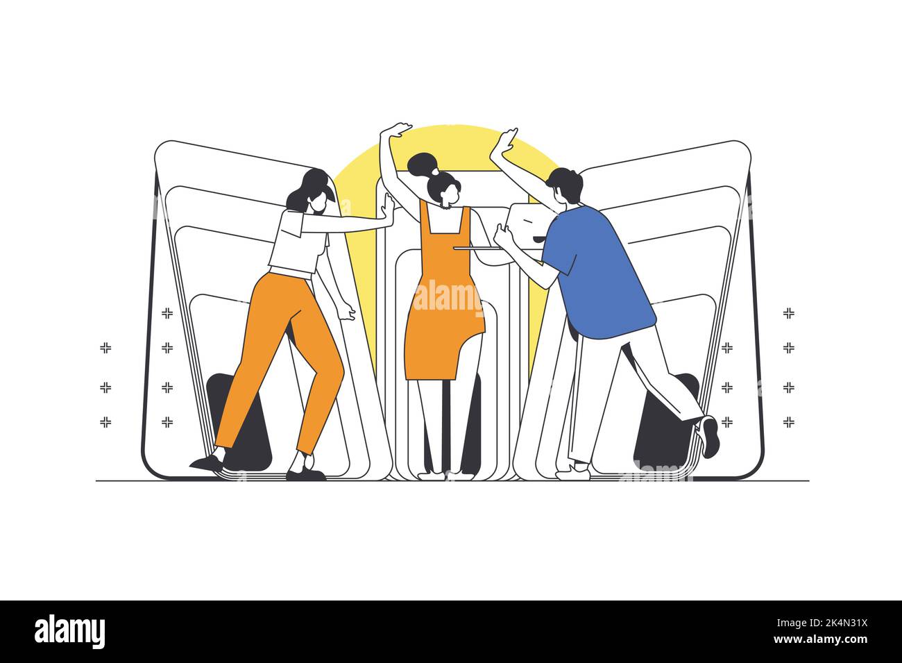 Developers team web concept in flat outline design with characters. Man ...