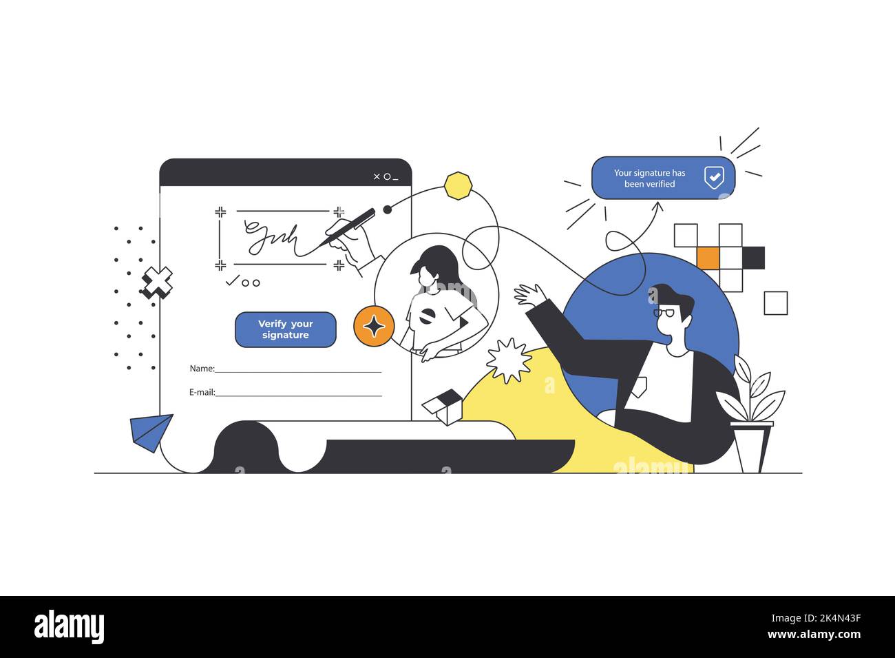 Electronic contract web concept in flat outline design with characters ...