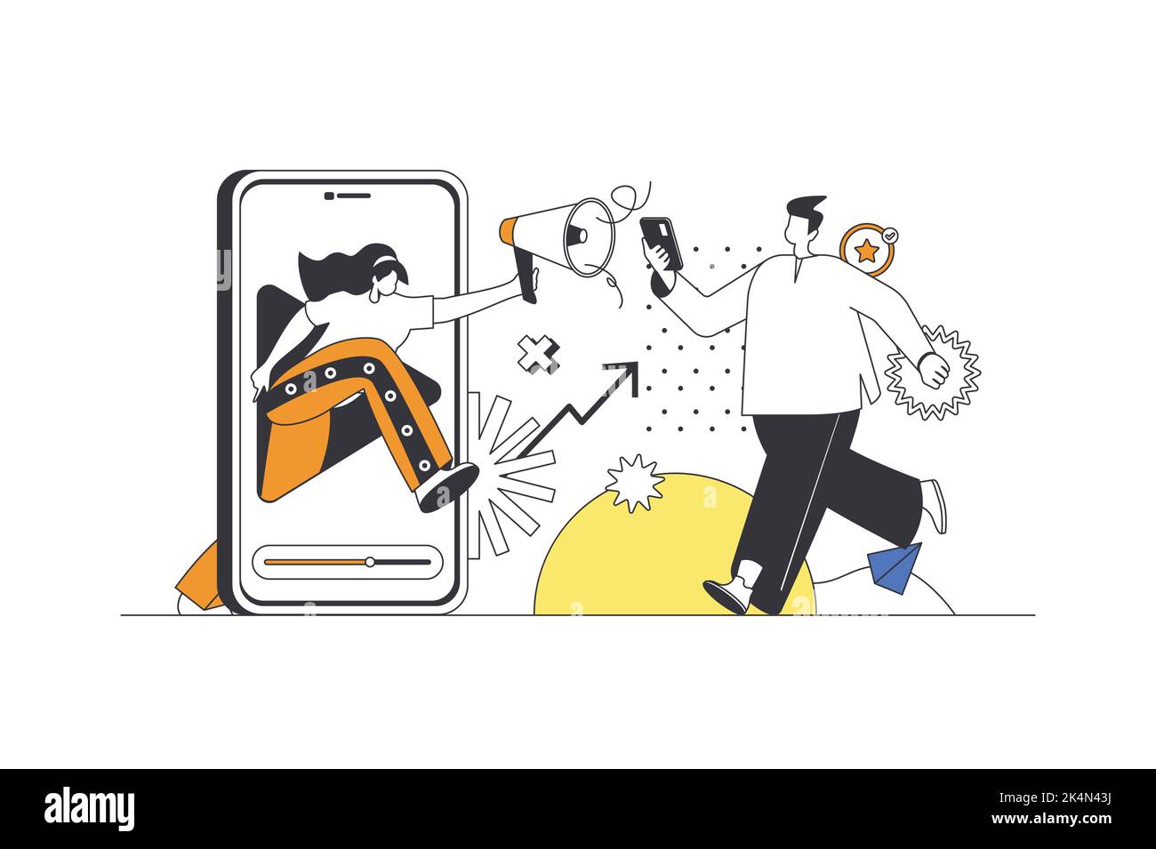 Mobile marketing web concept in flat outline design with characters ...