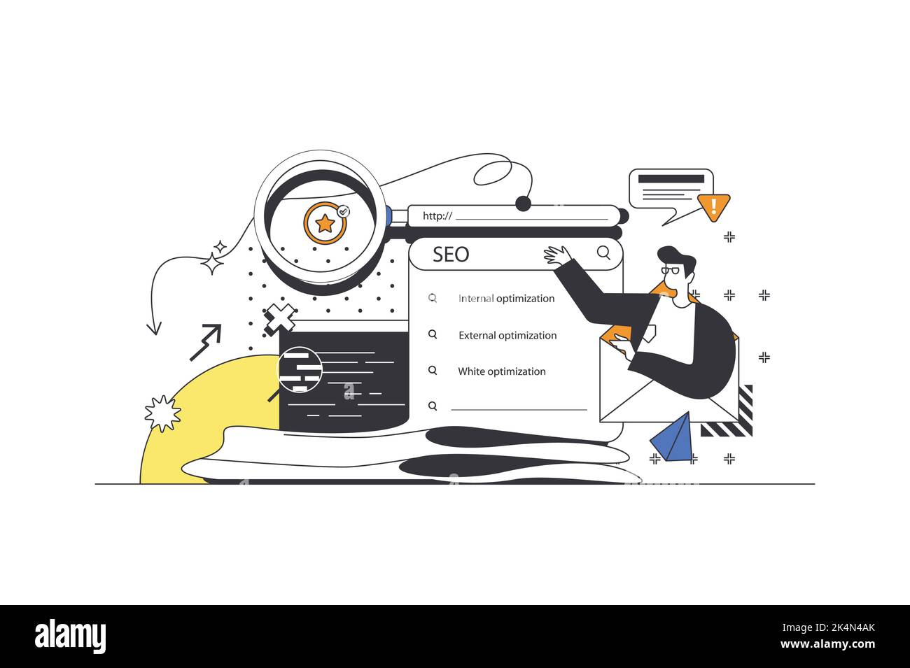 Seo optimization web concept in flat outline design with character. Man ...