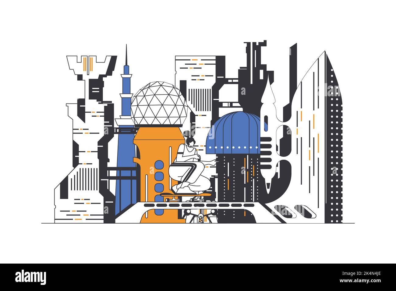 Futuristic megalopolis web concept in flat outline design with ...
