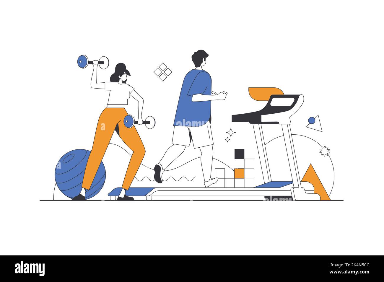 Fitness and gym web concept in flat outline design with characters ...