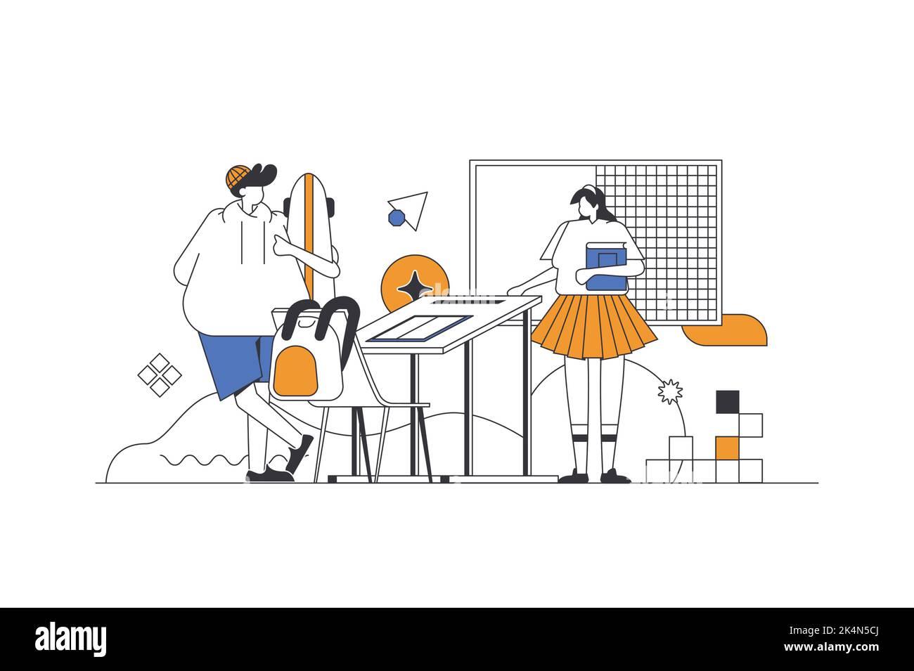 Back to school web concept in flat outline design with characters ...