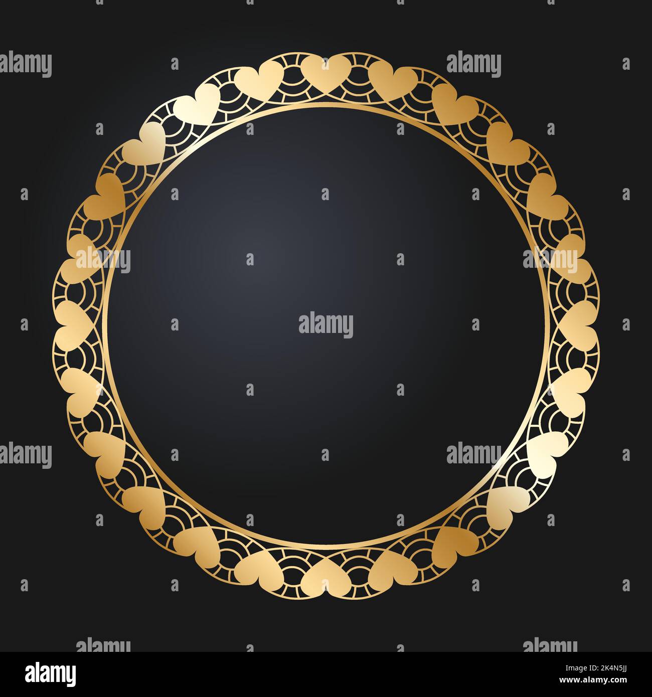 Beautiful round golden frame with hearts. Festive design. Gold border ...