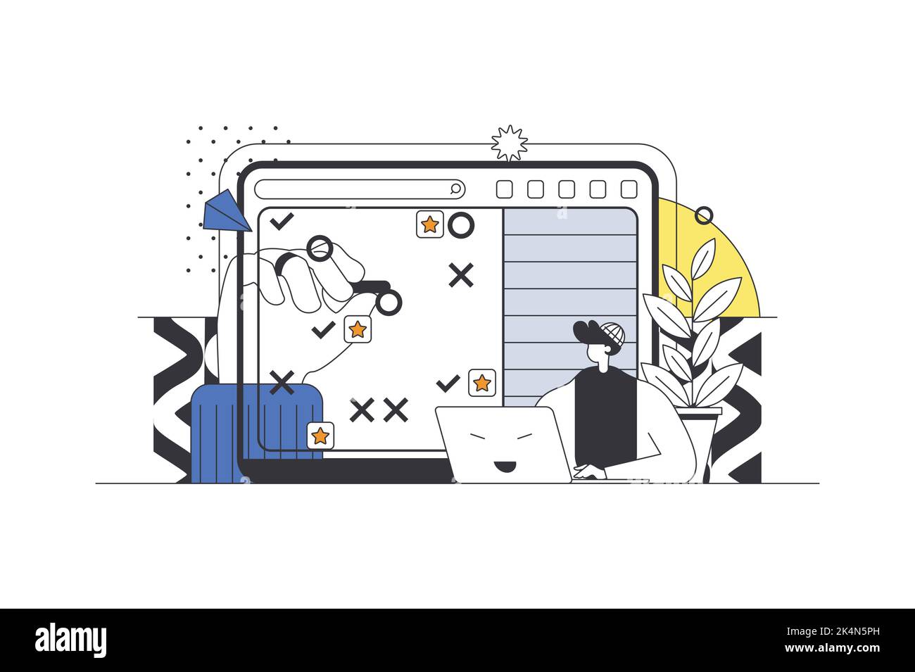 Planning web concept in flat outline design with character. Man organizes workflow and making ...