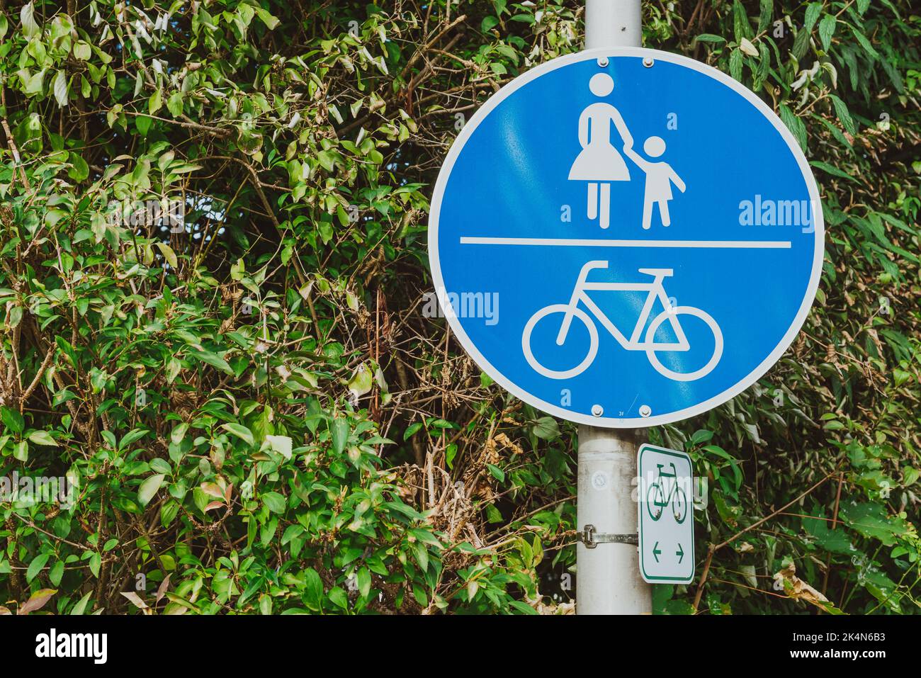 German Sign Sidewalk With Bike Path. Blue Background With Pedestrian ...