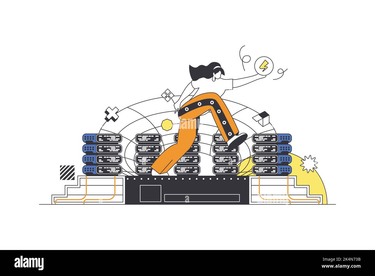 Data center web concept in flat outline design with character. Woman ...