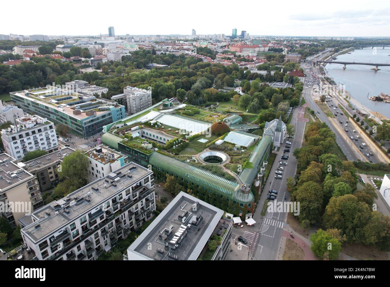 An aerial view of residential buildings and trees of Warsaw, Poland ...