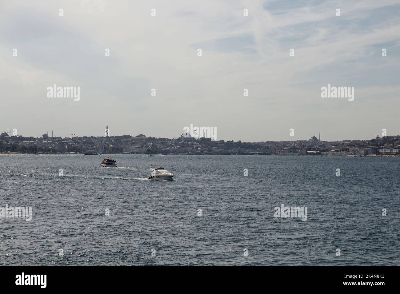 View of tour boats on Bosphorus and European side of Istanbul. It is a ...