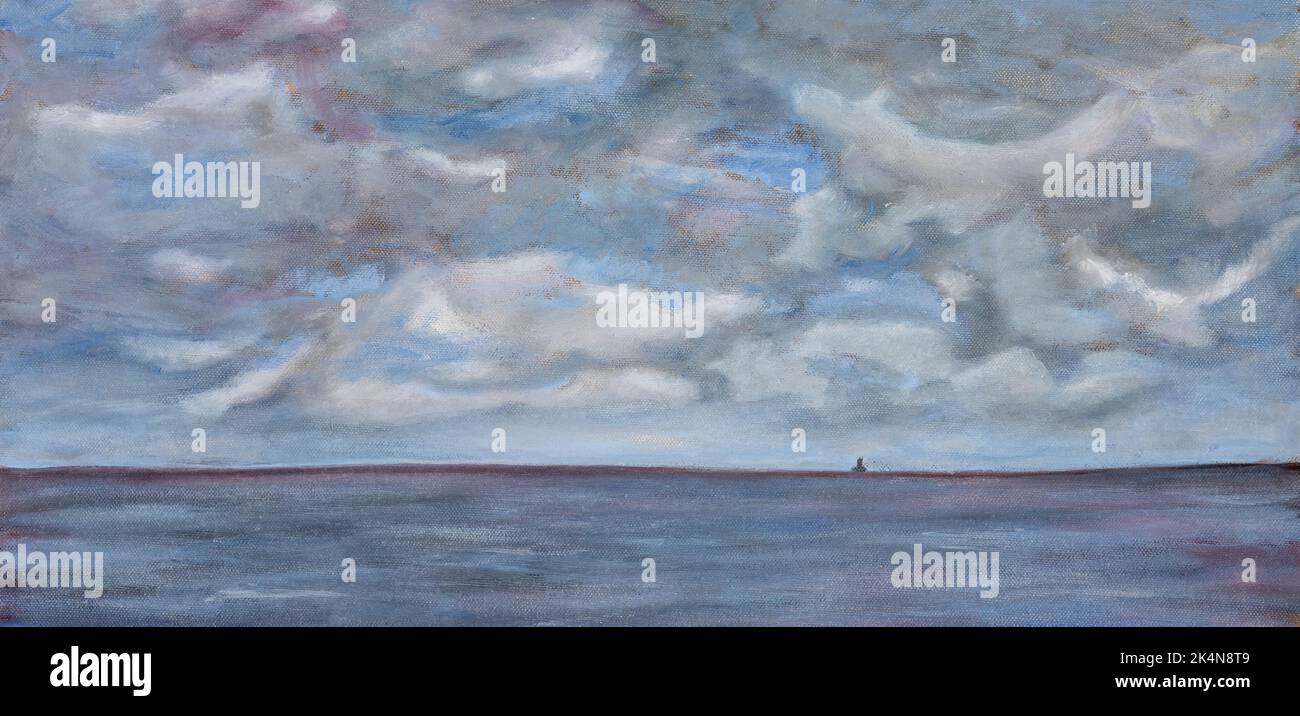 Seascape artwork: oil painting on canvas with a cloudy blue sky. Impressionism art Stock Photo ...