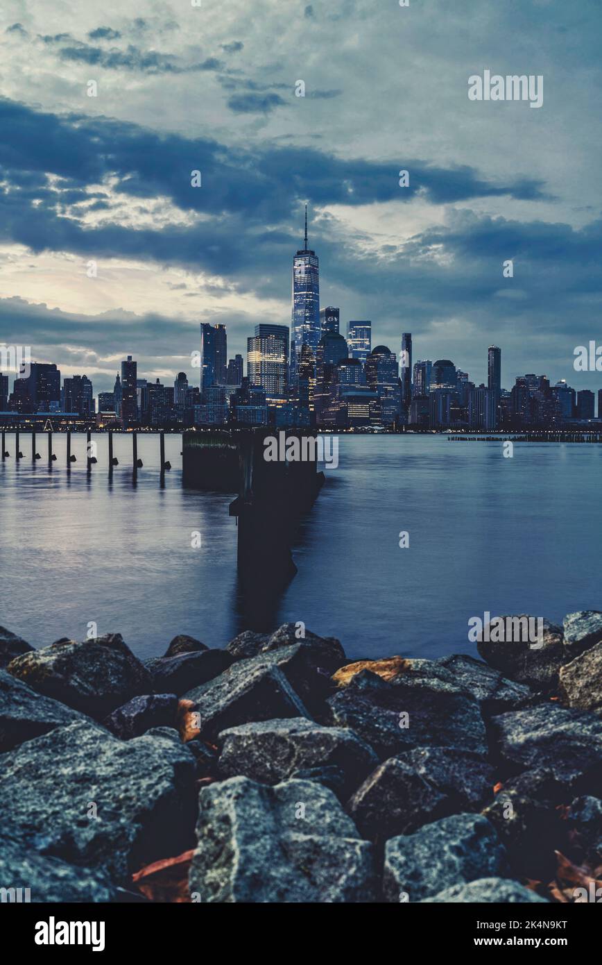city skyline at night sunrise magic color blue New York Stock Photo - Alamy