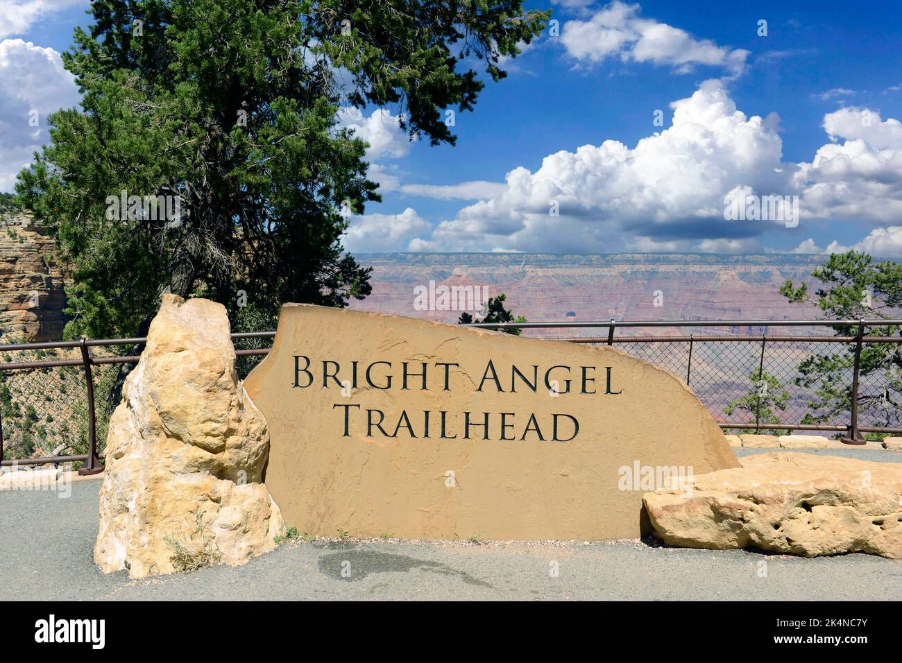 Bright Angel Trailhead sign along the South Rim of the Grand Canyon in ...