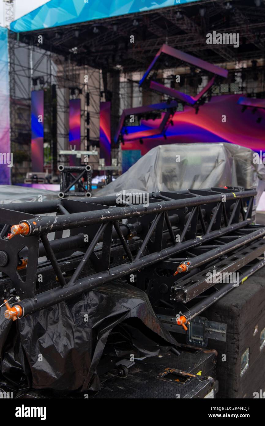 Details and elements of the stage podium. Metal frames for installation ...