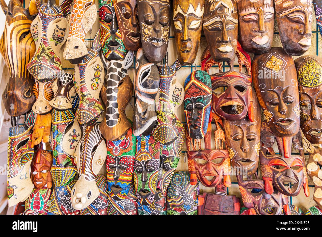 Abu Simbel, Aswan, Egypt. February 23, 2022. Carved mask souvenirs at a ...