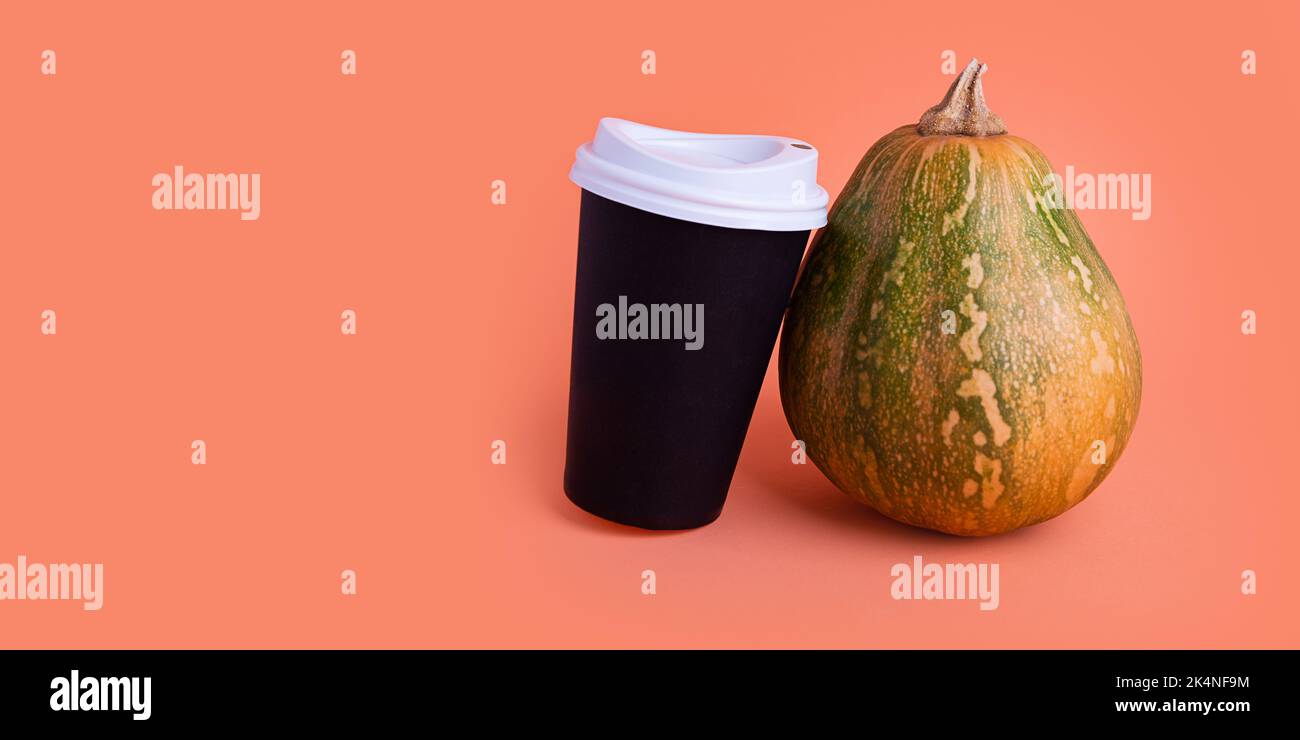 Little pumpkin and white coffee cup near it.Spicy latte or coffee ...