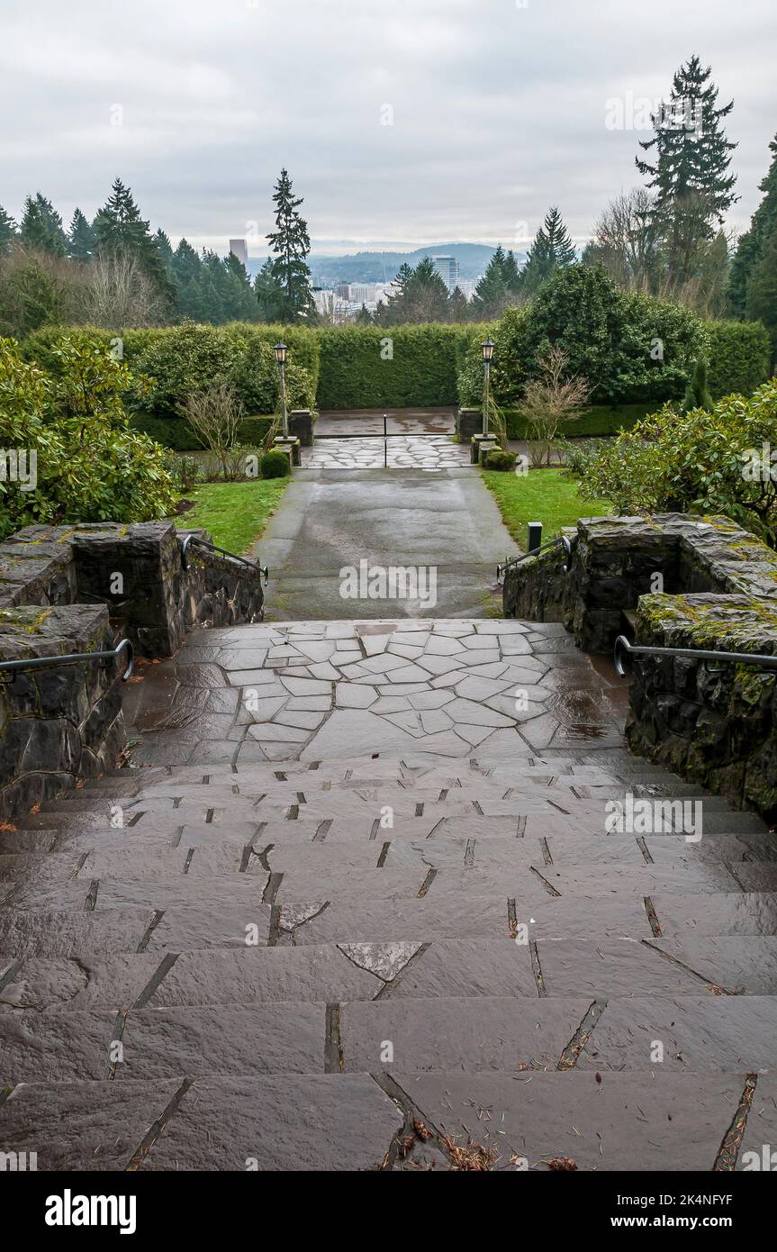 Stone stairway in the International Rose Test Garden in Portland ...