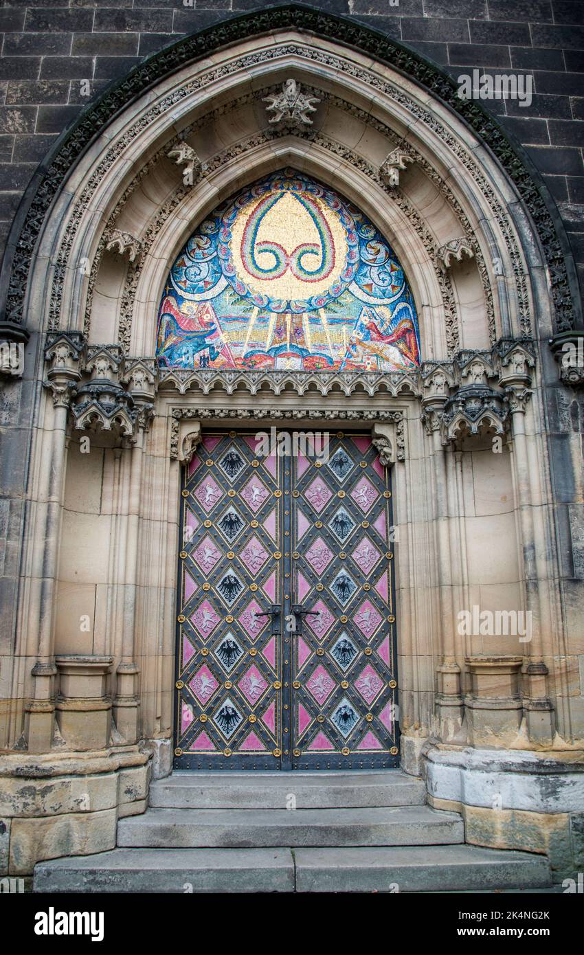 A vertical of a gothic entrance to the Saints Peter and Paul Basilica ...