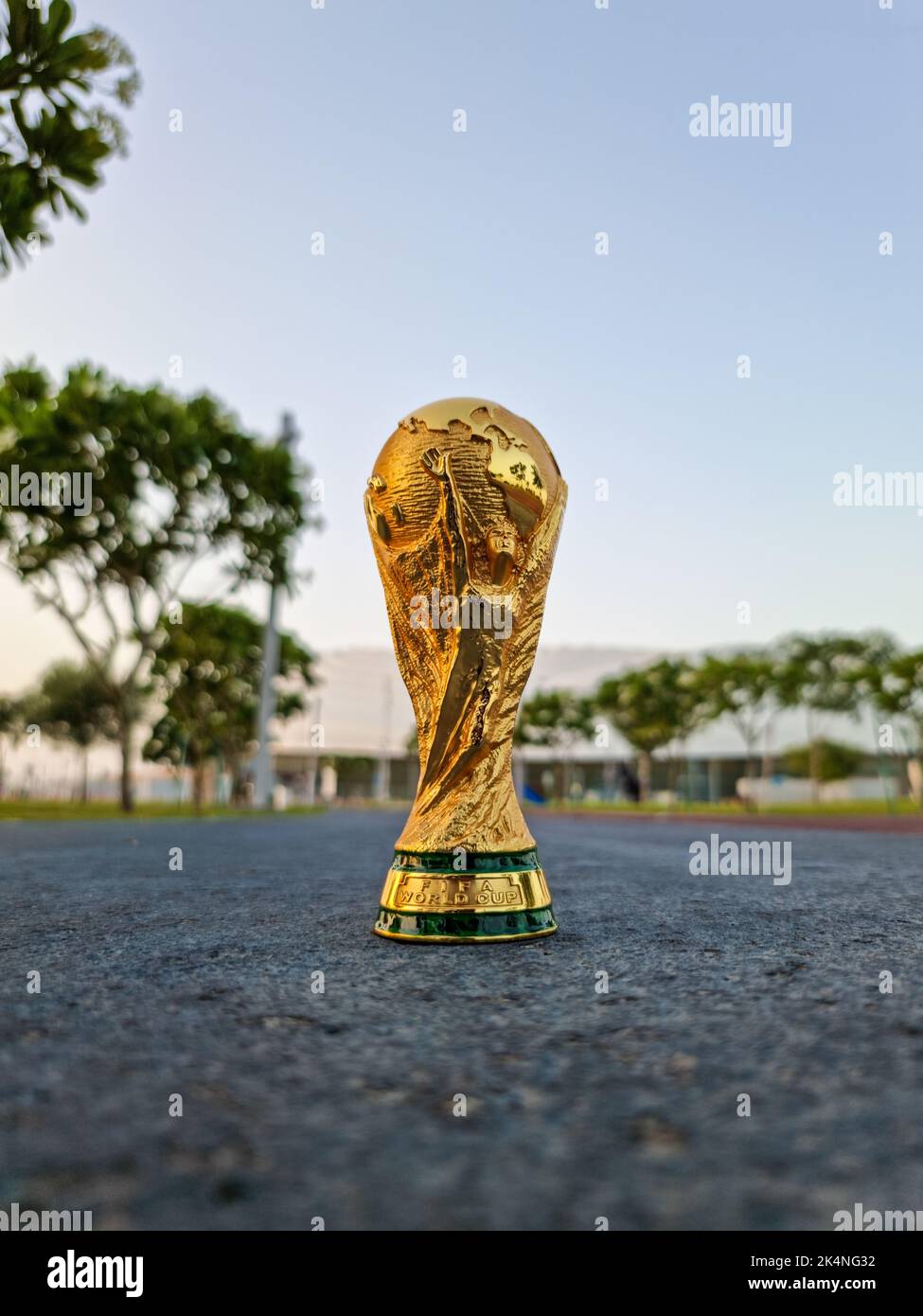 Trophy of the FIFA World Cup against the background of the Al Janoub ...
