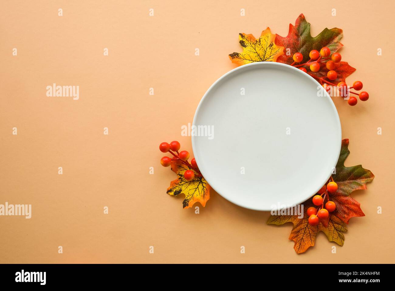 Fall table setting. White plate and fall decorations at orange ...