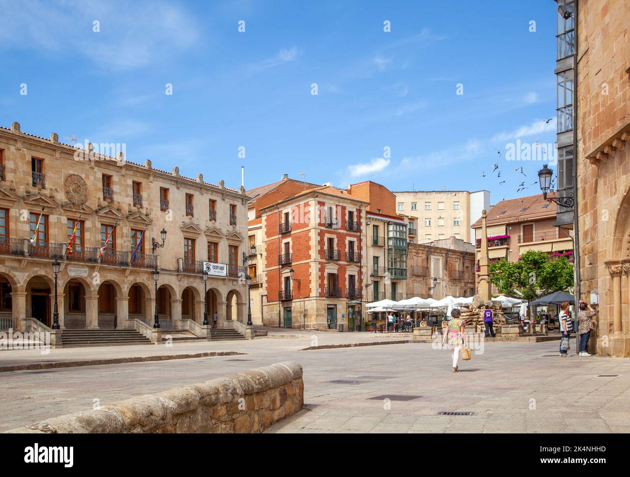View of the Plaza Mayor in the medieval Spanish city of Soria North ...