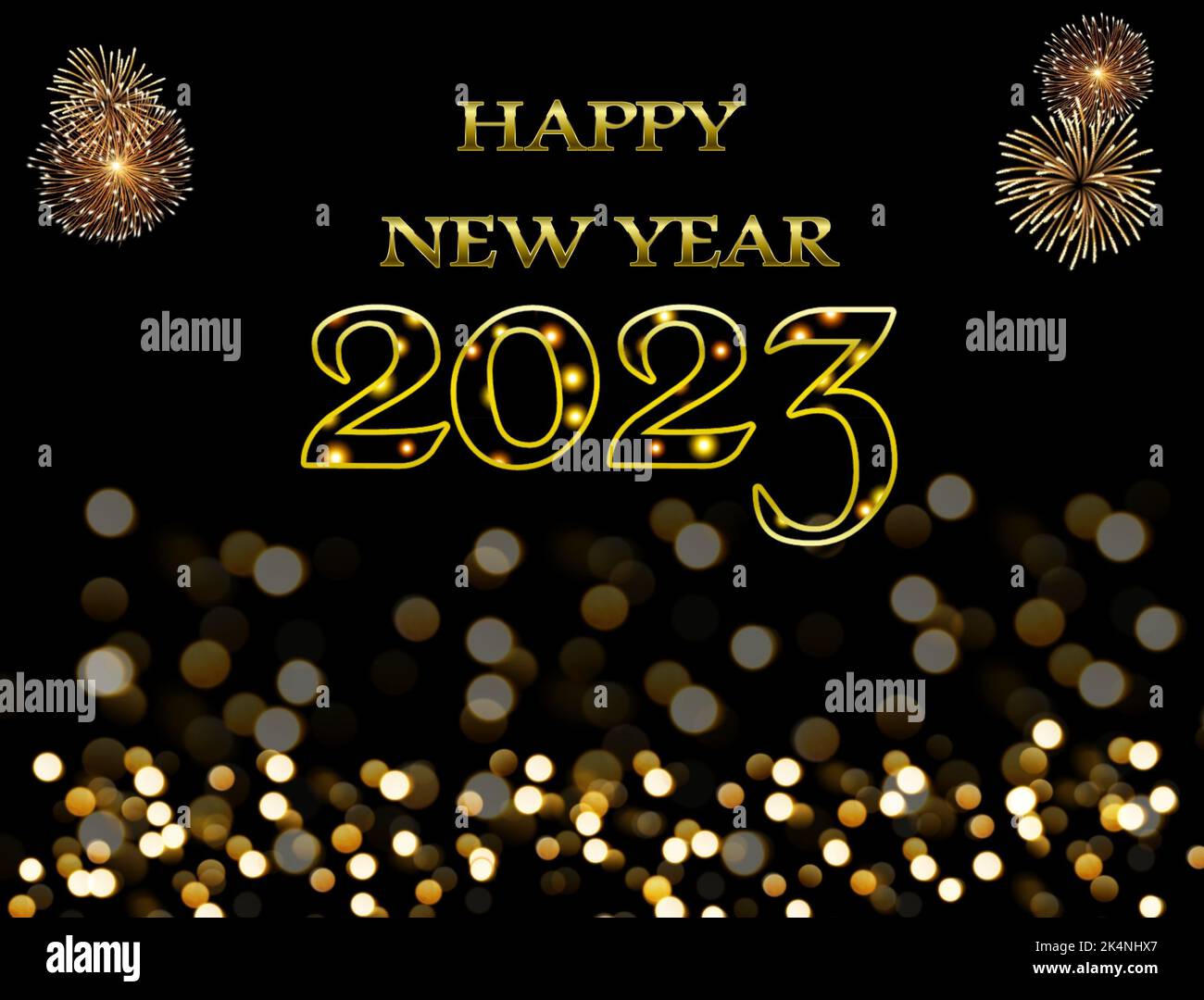 Happy new year 2023 greeting card with fireworks and bokeh lights Stock ...