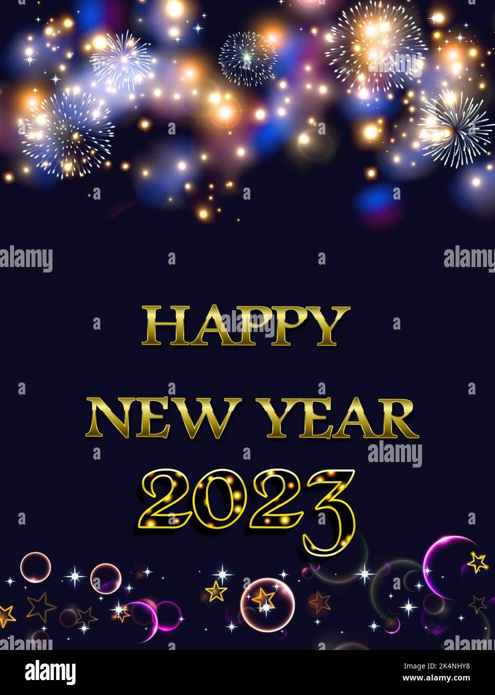 Happy new year 2023 greeting card with fireworks and bokeh lights Stock Photo - Alamy