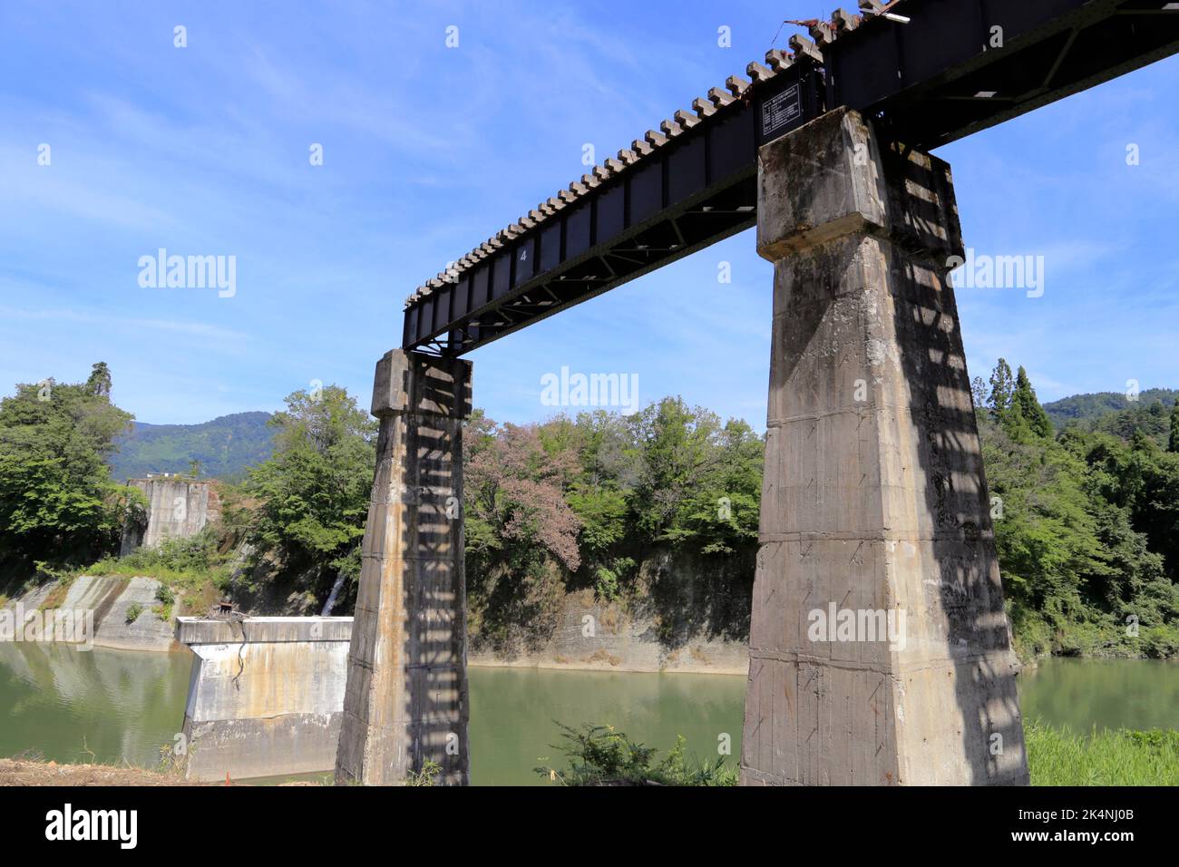 Flood damaged No.7 Tadamigawa railway bridge Fukushima Japan Stock ...