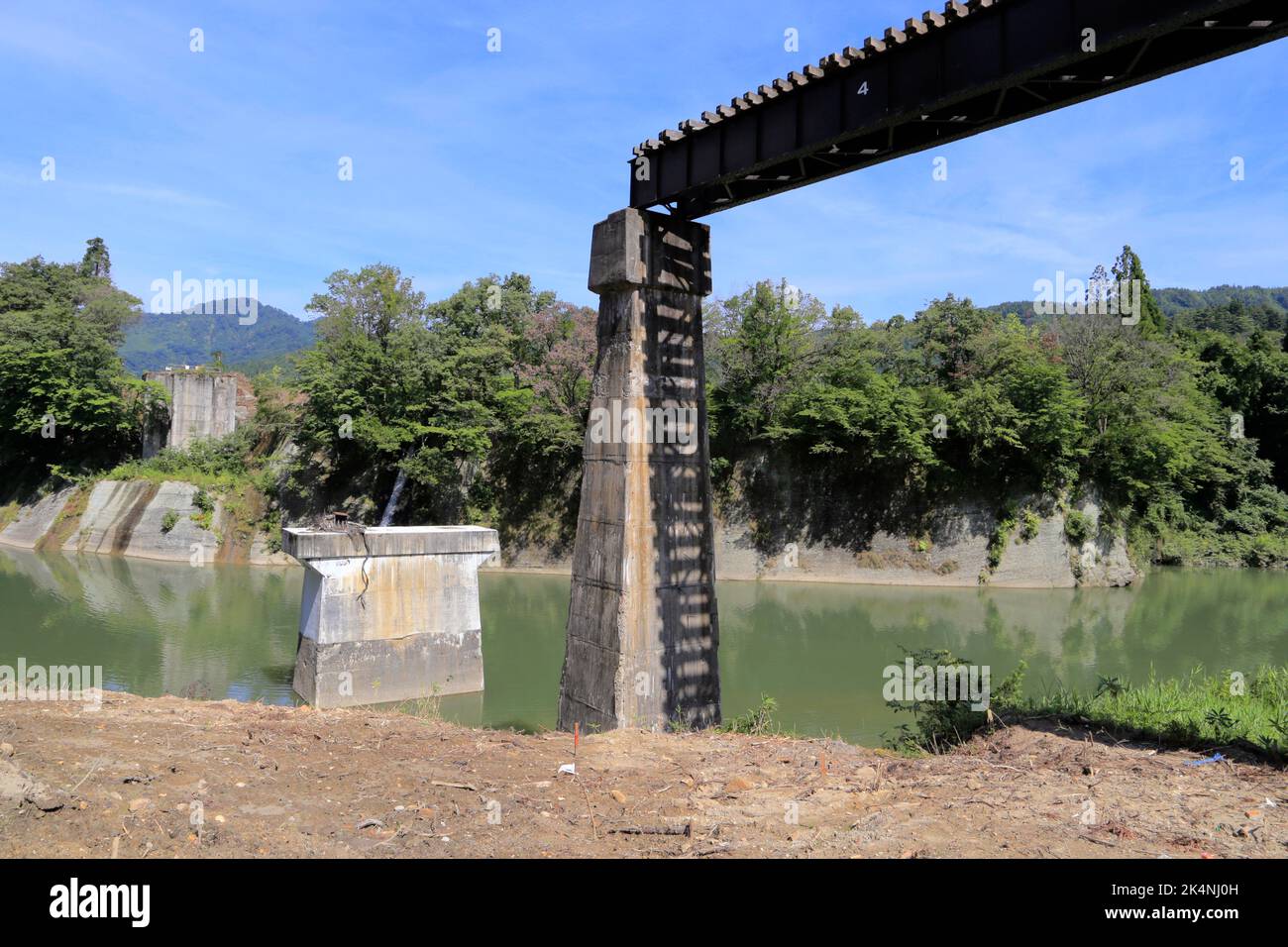 Flood damaged No.7 Tadamigawa railway bridge Fukushima Japan Stock ...