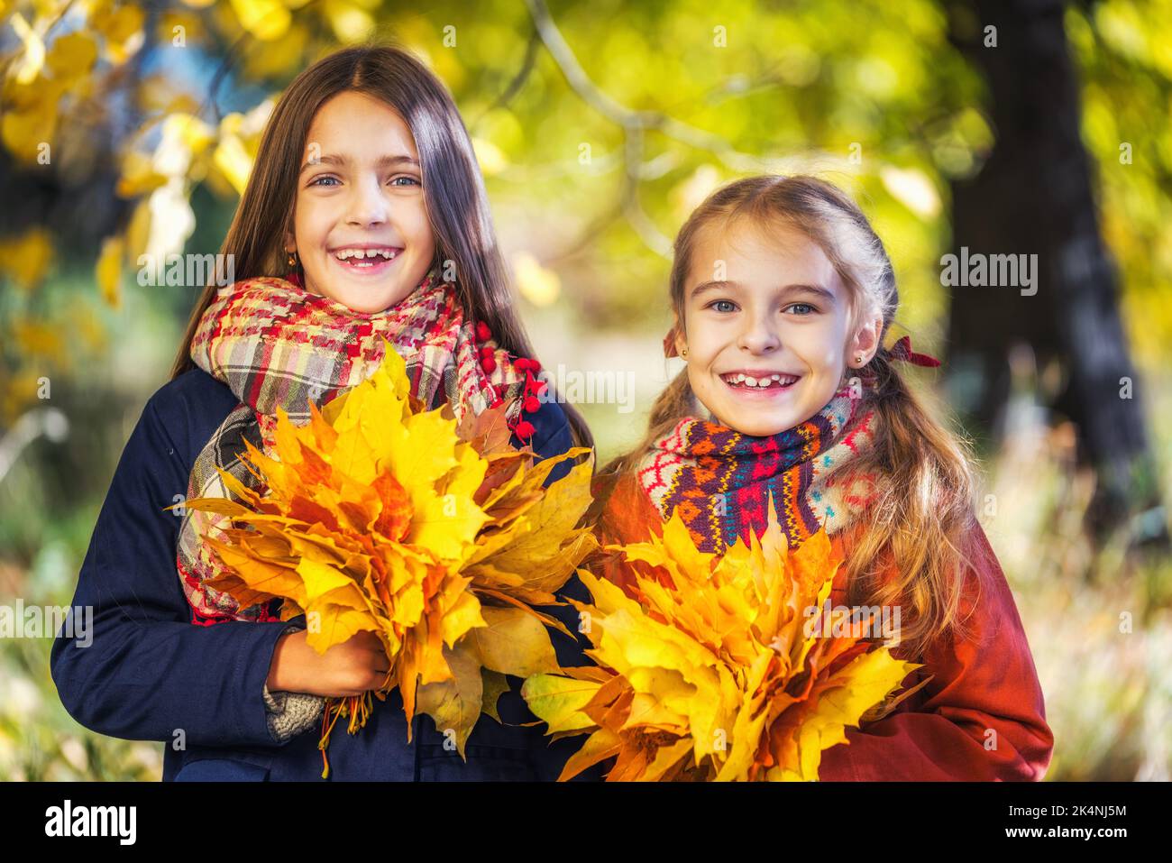 Two cute smiling 8 years old girls posing together in a park on a sunny ...