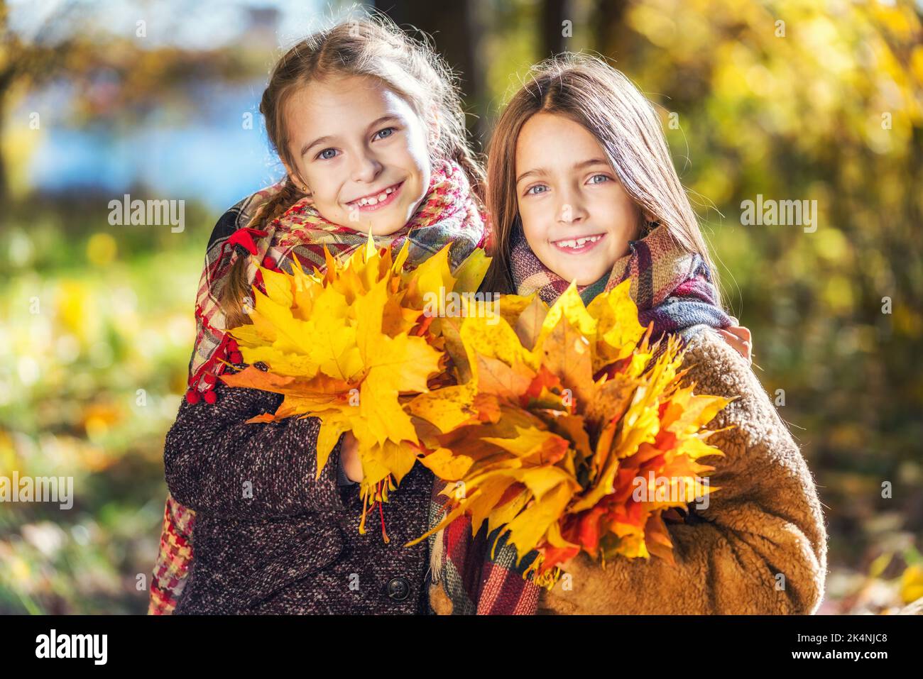Two cute smiling 8 years old girls posing together in a park on a sunny ...