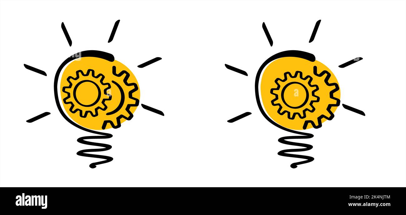 Cartoon brain electric lamp idea and Cogwheel, gear mechanism concept. FAQ, business loading ...