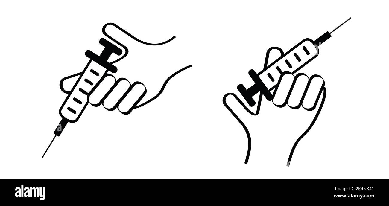 Cartoon, comic injection in hand. Needle spiking. Anti viral virus ...