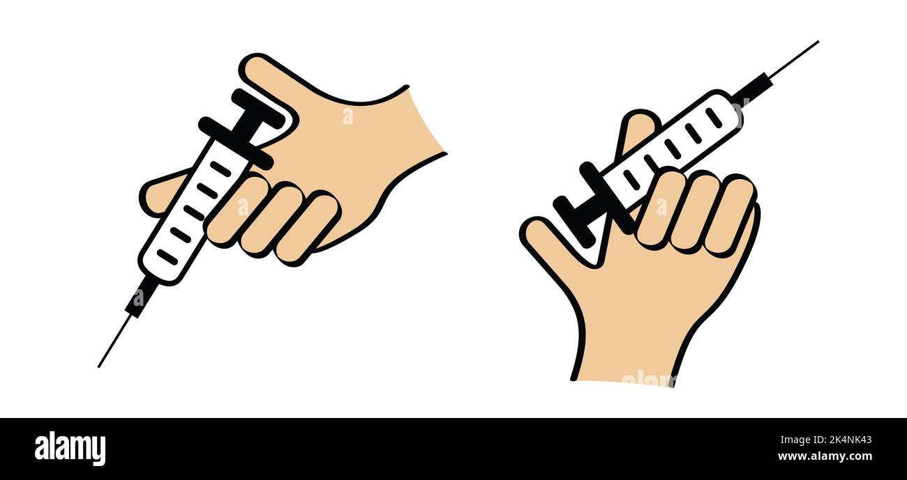 Cartoon, comic injection in hand. Needle spiking. Anti viral virus ...