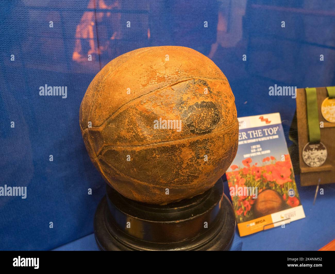 A football kicked 'over the top' during WWI on 1st July 1916 on display ...