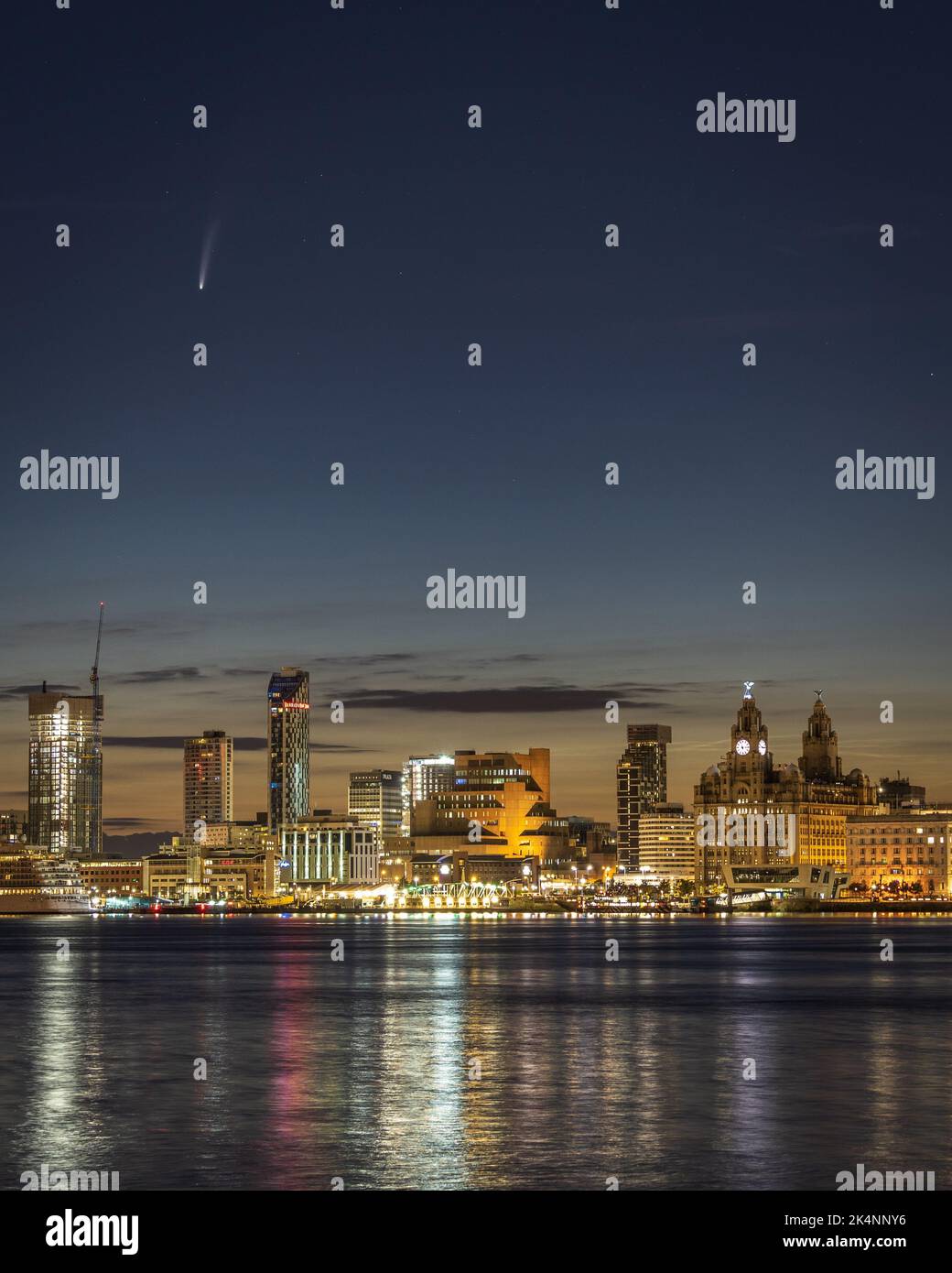 The Liverpool waterfront skyline at night with Comet Neowise Stock ...