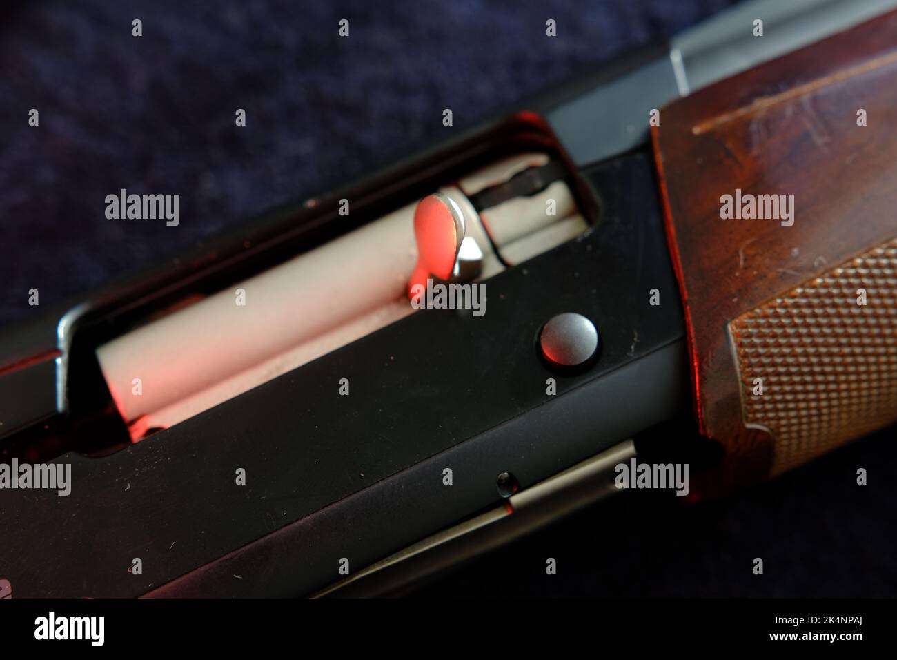 Closeup shotgun shutter. Hunting semi-automatic shotgun with wooden ...