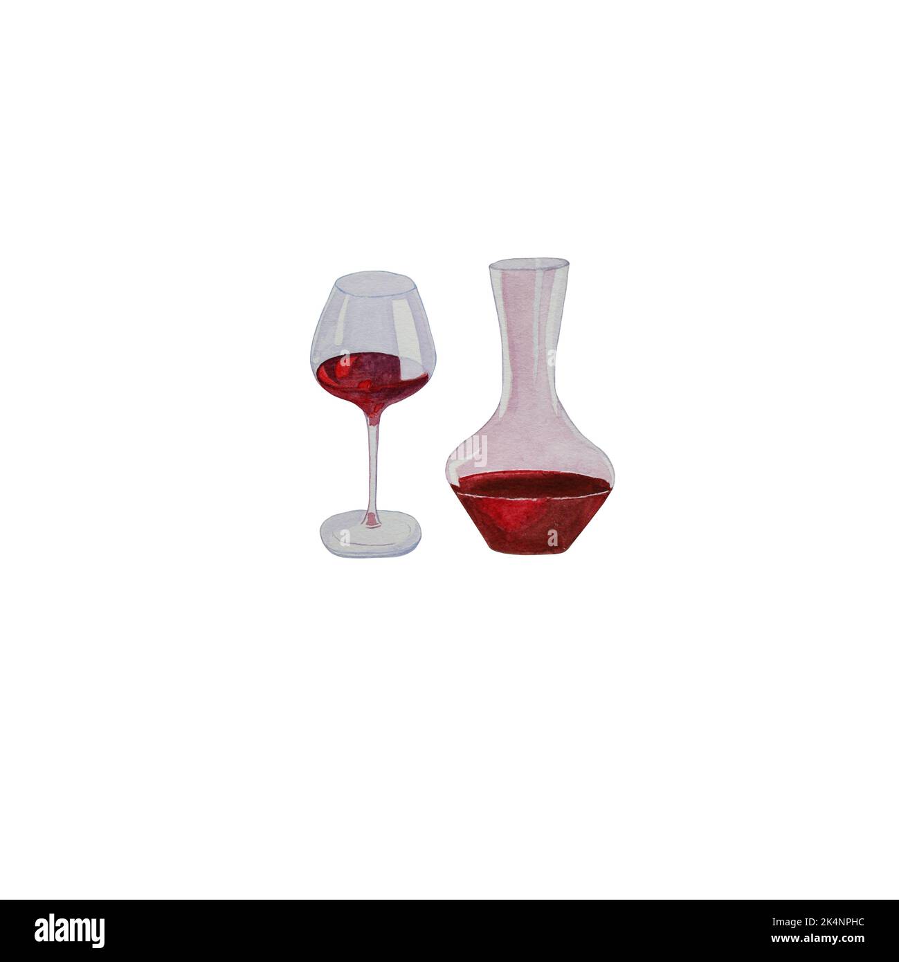 Watercolor illustration of red wine in decanter and wineglass. Hand ...