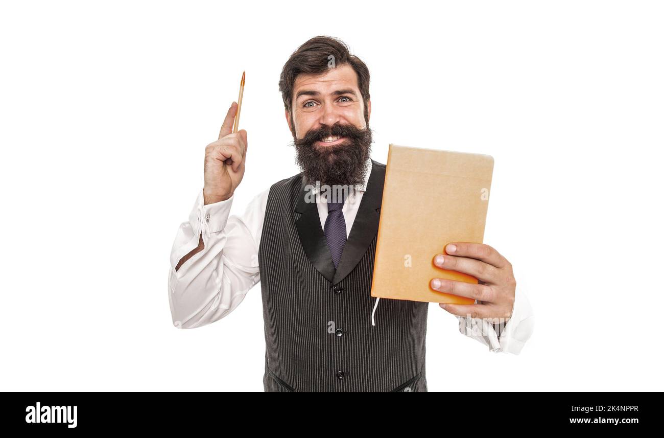 Inspired bearded man hold school book raising writing pen isolated on ...