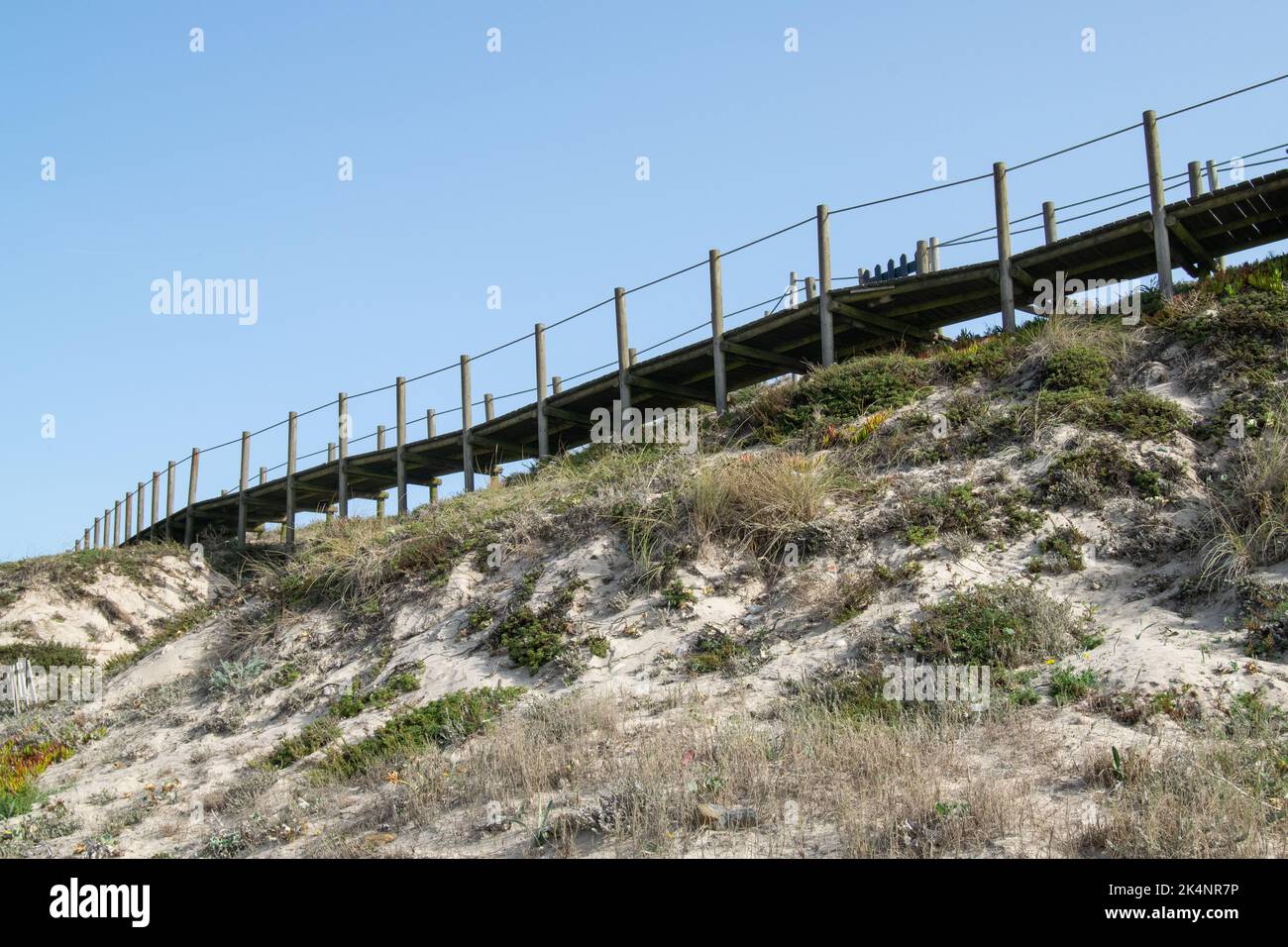 Wooden beach walkways, wood bridges on sand dunes. Coastline views ...