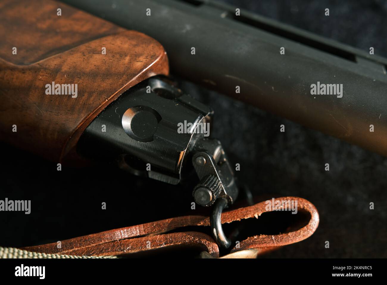 shell magazine into the barrel of a long shotgun on dark background ...