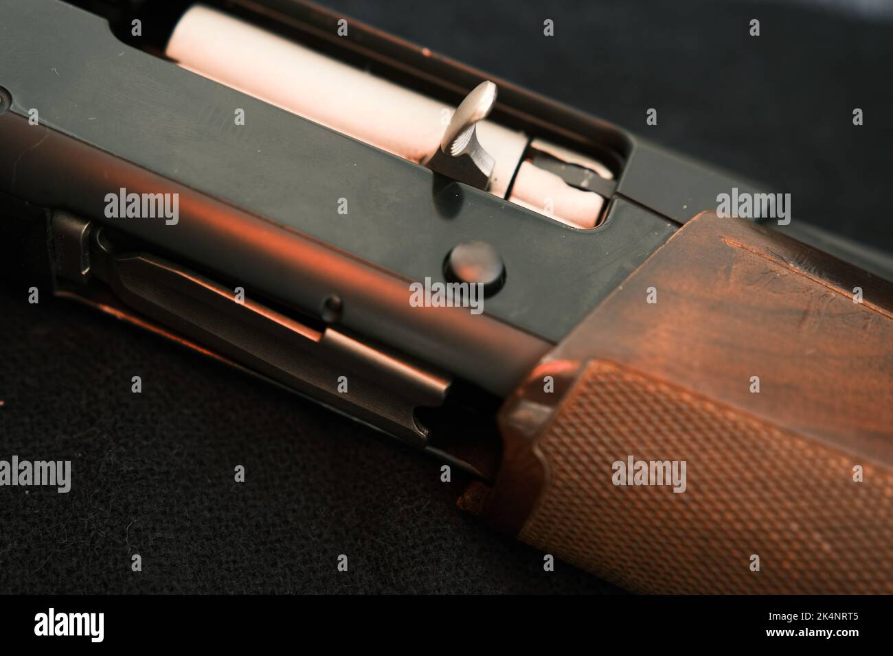 Closeup shotgun shutter. Hunting semi-automatic shotgun with wooden ...