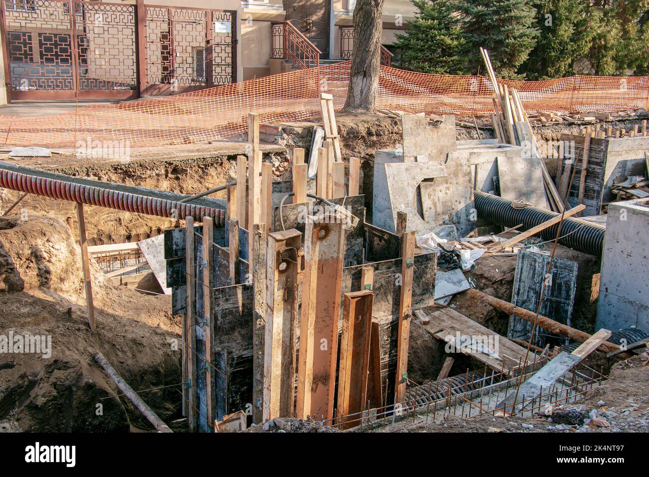 Construction of a high-rise building. Pouring of foundation columns ...