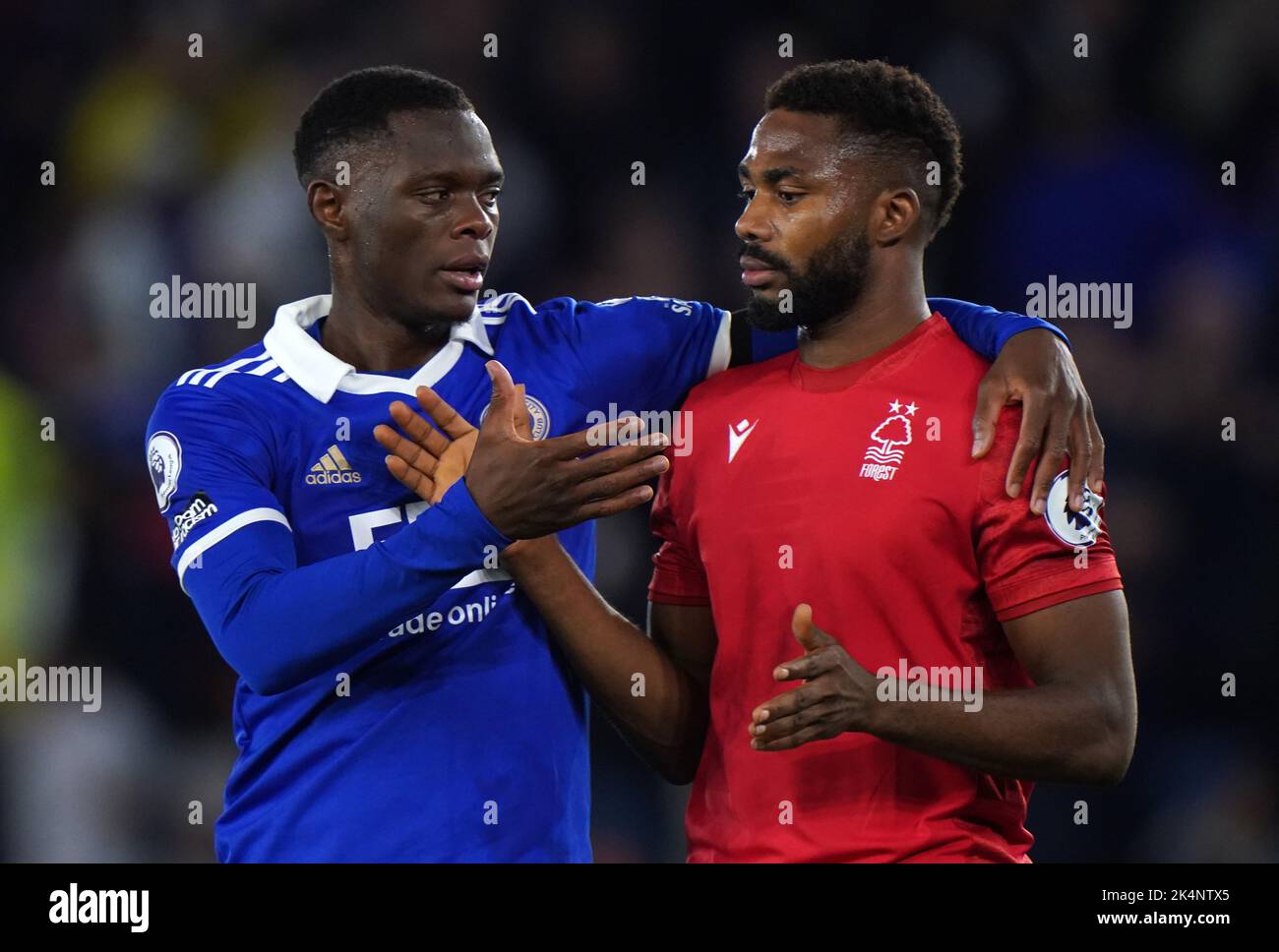 Leicester City's Patson Daka (left) and Nottingham Forest's Emmanuel ...