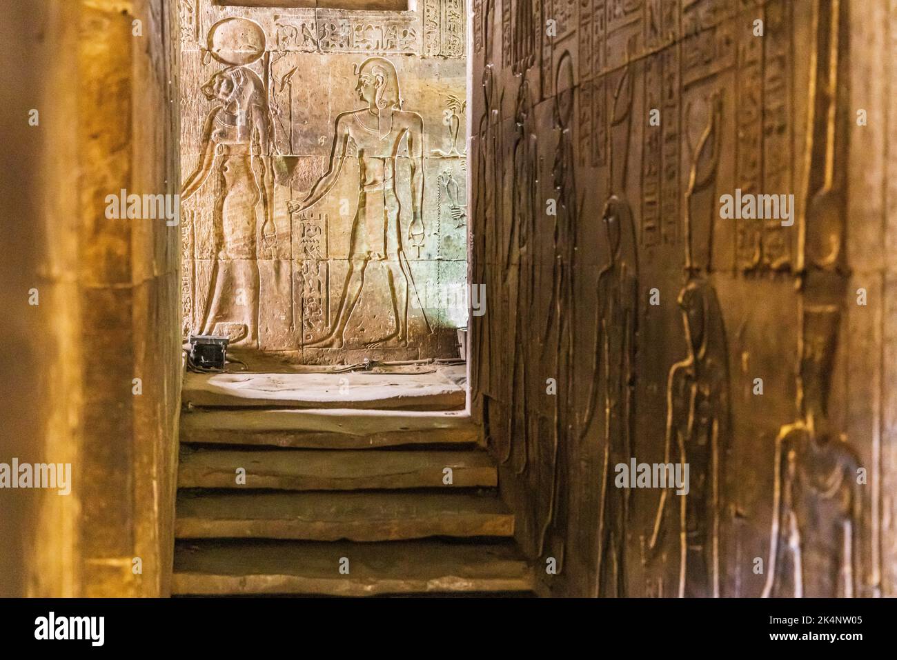 Edfu, Aswan, Egypt. February 25, 2022. Carving of gods in the Temple of ...