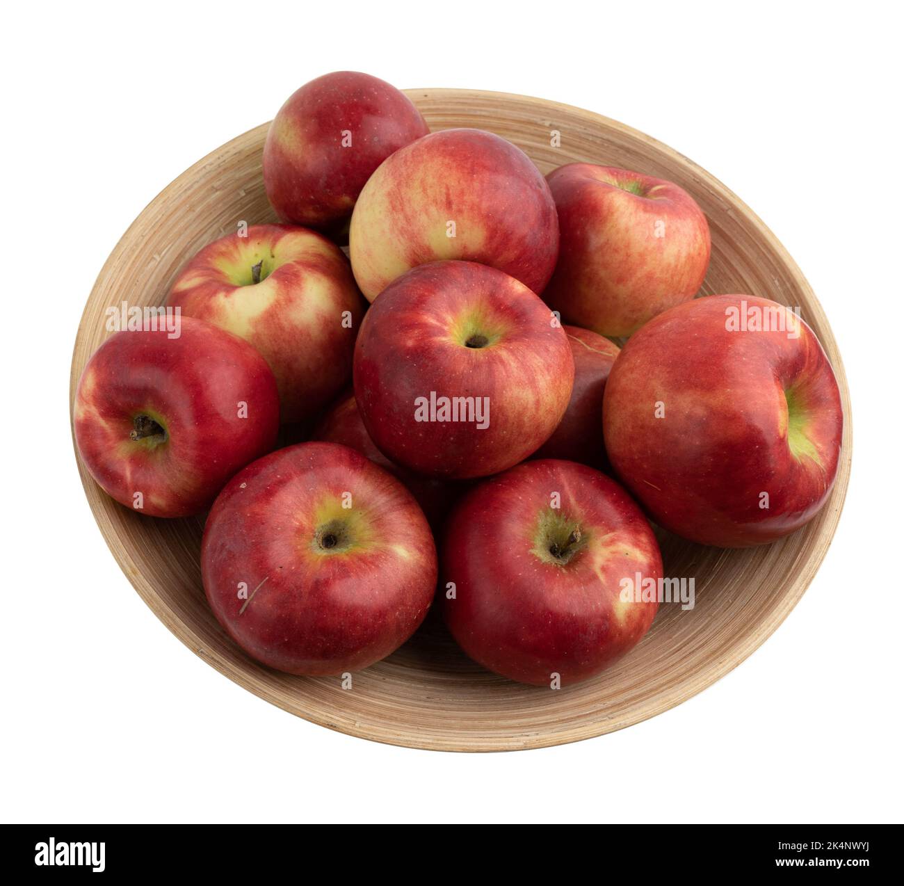 bowl of ripe red apples isolated on white background, bamboo bowl of ...